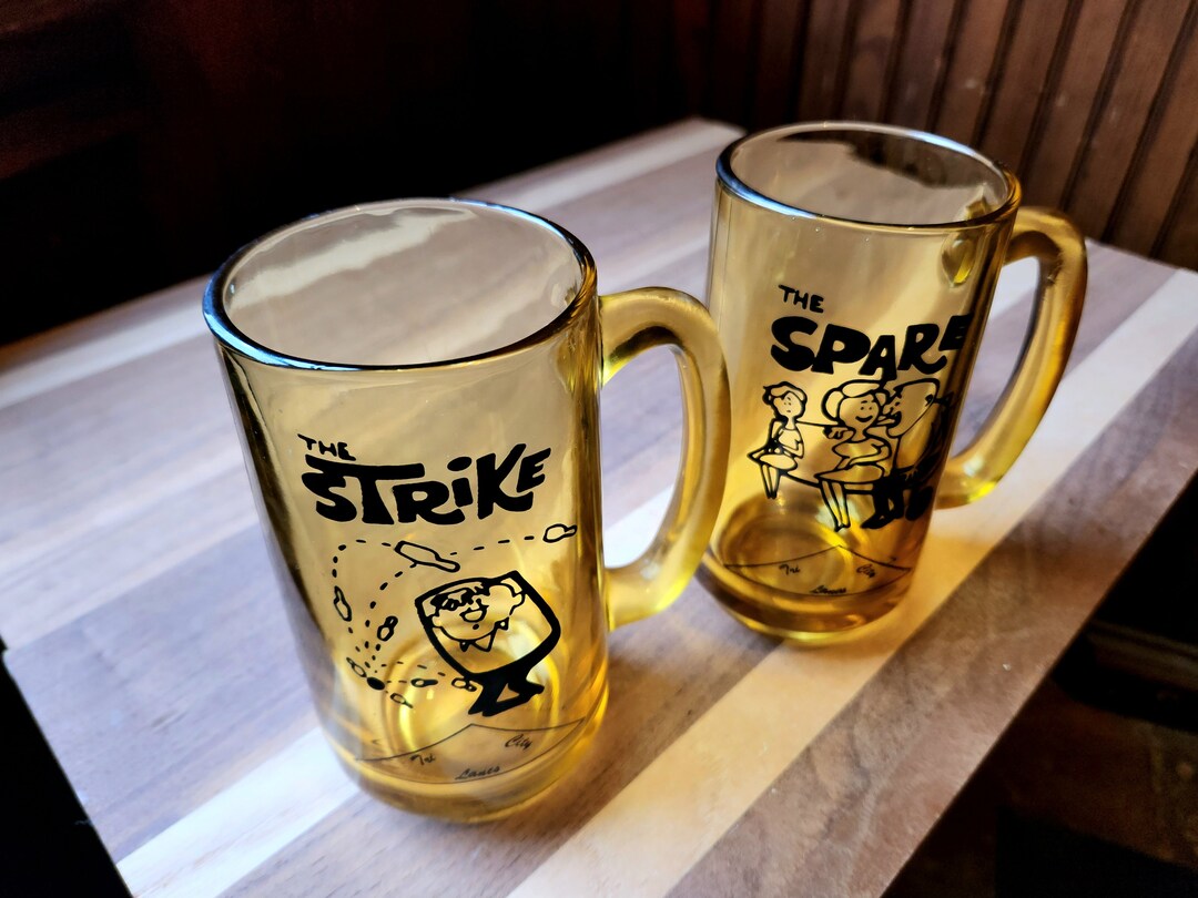 Vintage 1970's Kitsch BOWLING Yellow Glass Bowling Beer Mugs Stein ...