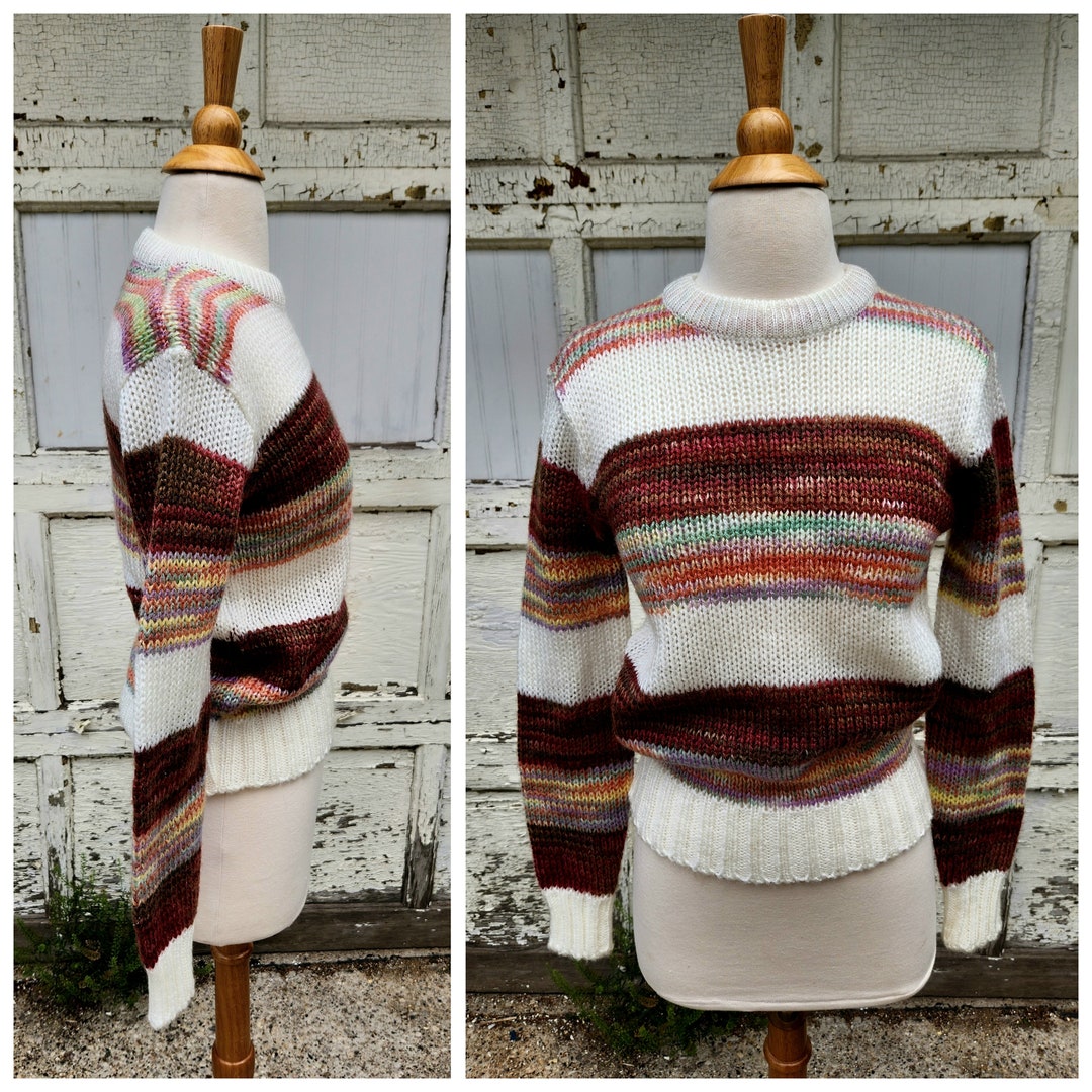 Vintage 1970's Variegated Striped Acrylic Sweater White Maroon Pink ...