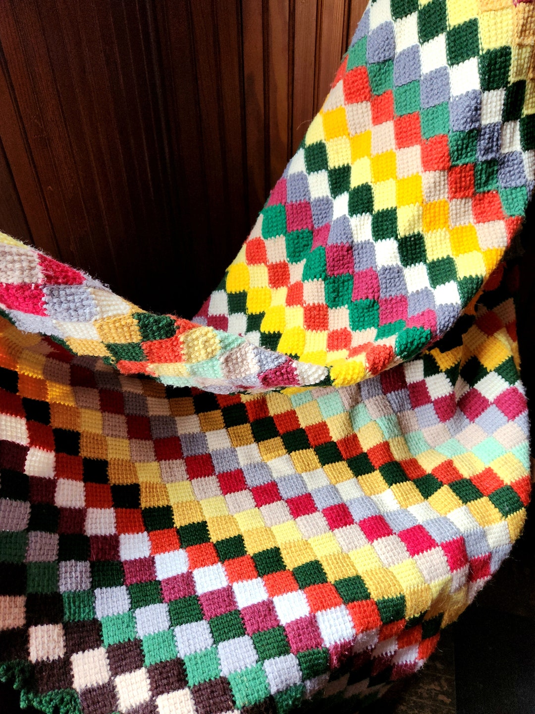 Vintage Crochet Checkered Granny Square Multicolored Blanket Throw With ...