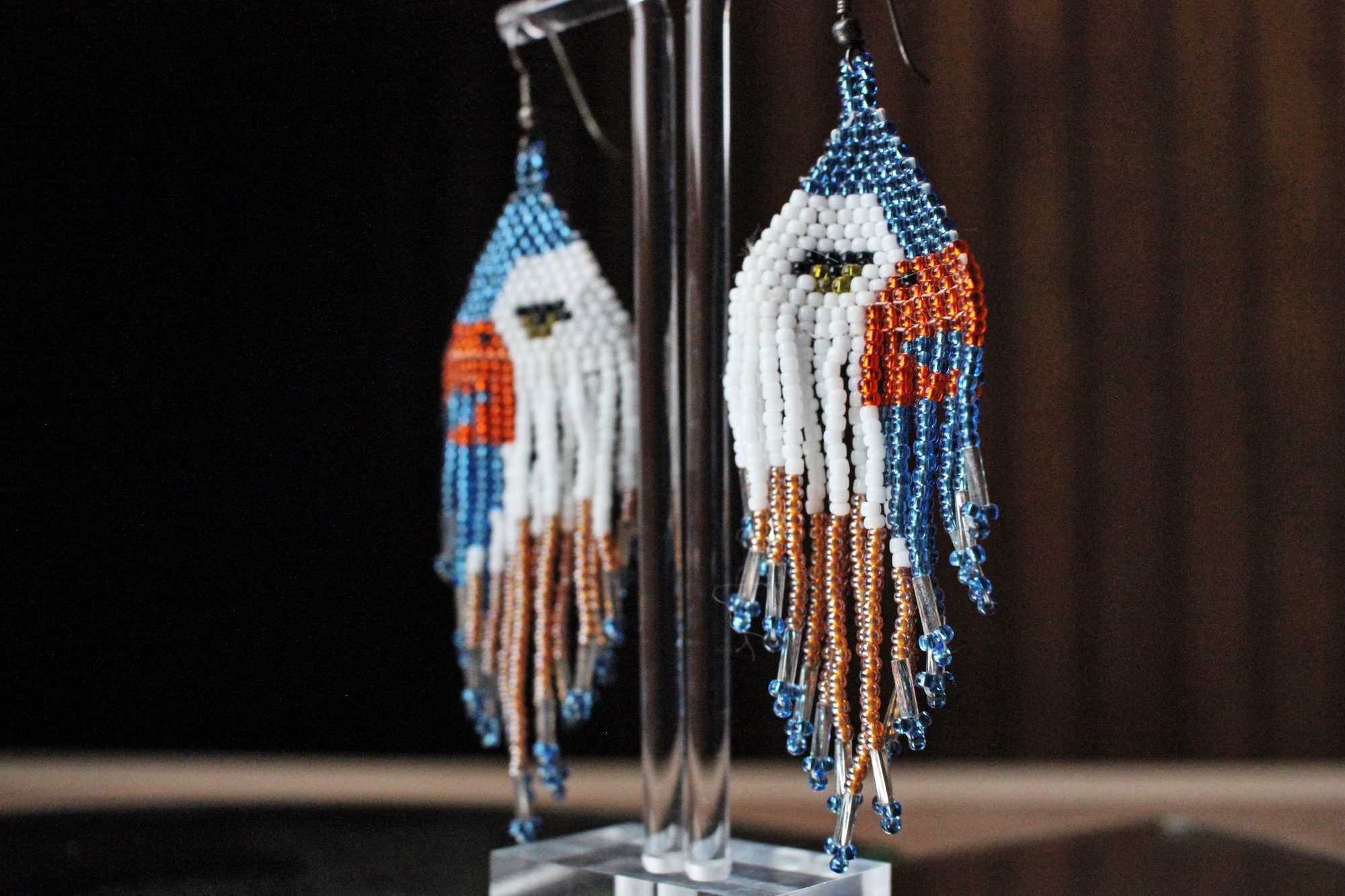Vintage Handmade BALD EAGLE Seed Bead Fringe Dangle Earrings - Blue ...