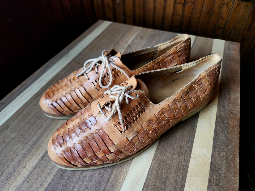 Vintage 1980's Chestnut Brown Leather Woven Lace up Loafers Low Ankle ...
