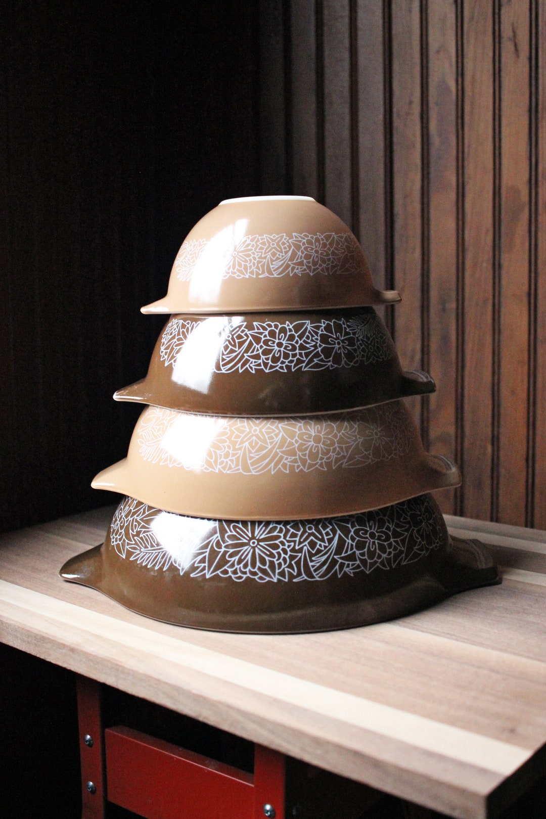 Vintage Brown and Tan WOODLAD Pyrex Cinderella Nesting Mixing Bowl Set ...