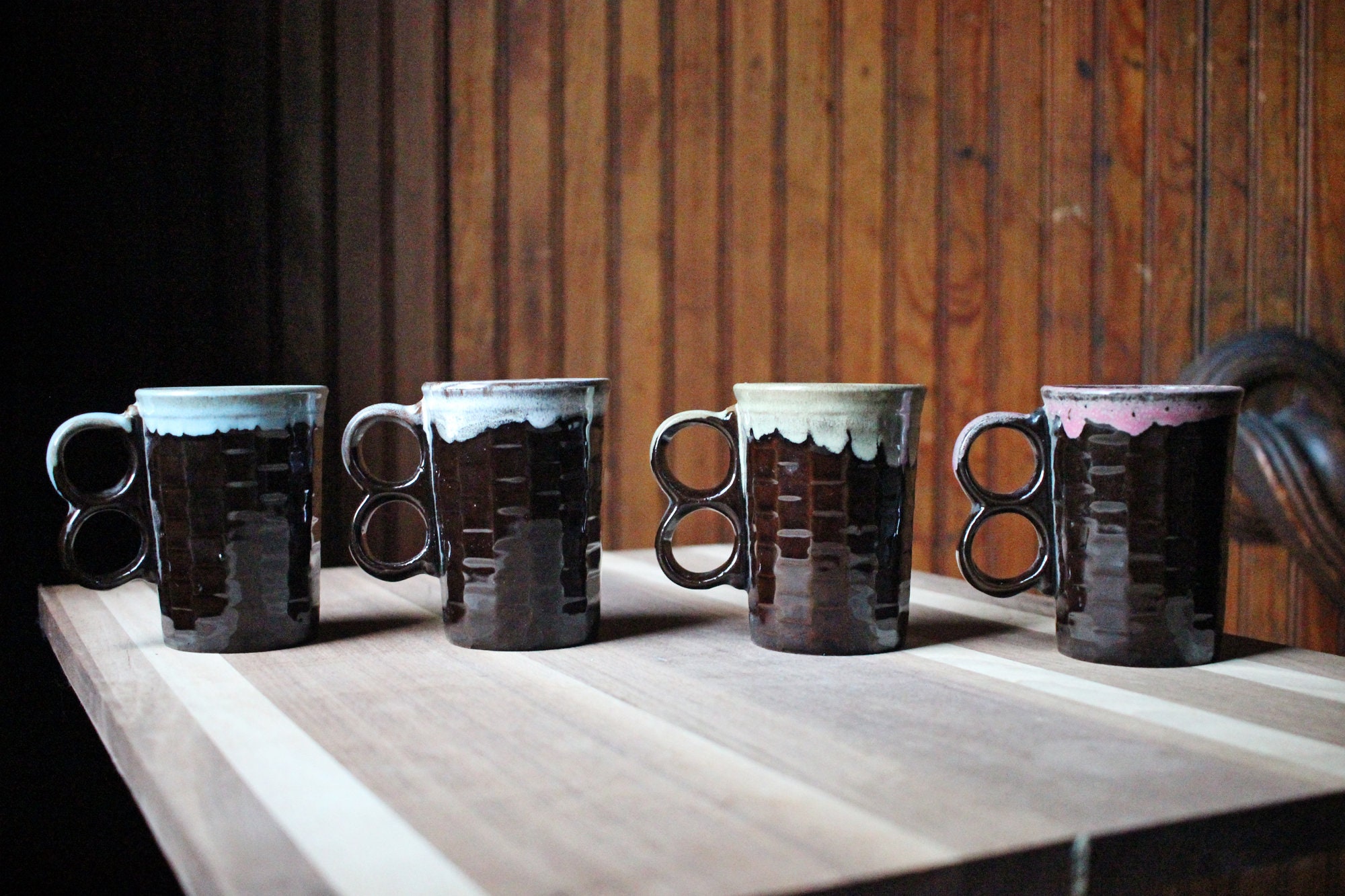 Vintage Japanese Ceramic Redware Drip Glaze Double Handle Coffee Mugs ...