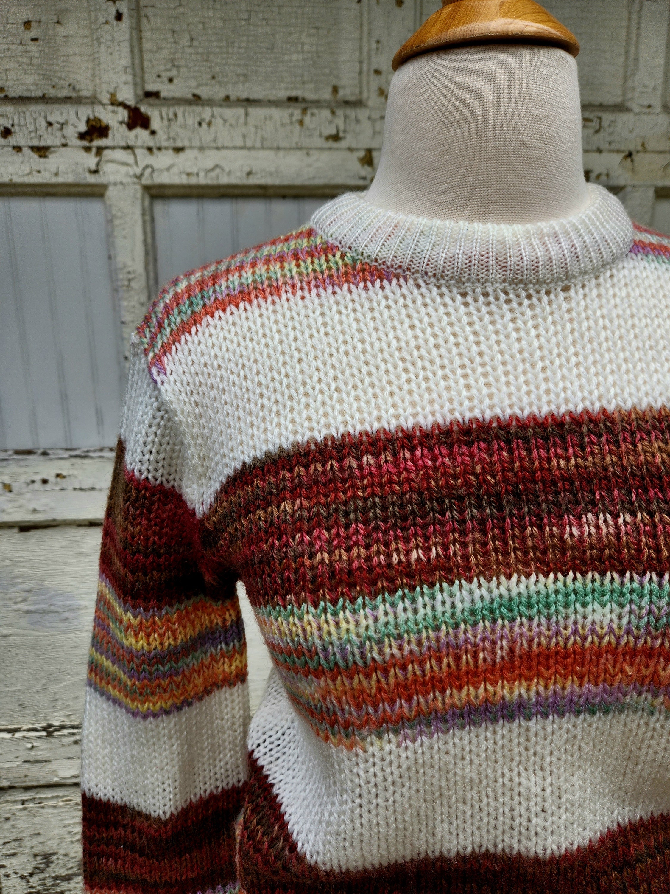 Vintage 1970's Variegated Striped Acrylic Sweater - White Maroon Pink ...