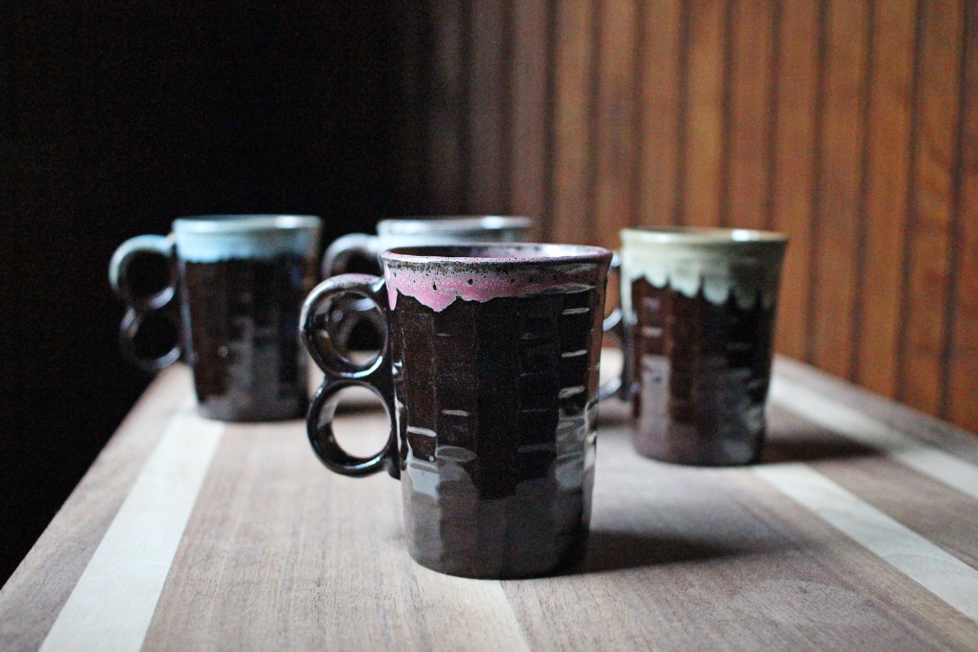 Vintage Japanese Ceramic Redware Drip Glaze Double Handle Coffee Mugs ...