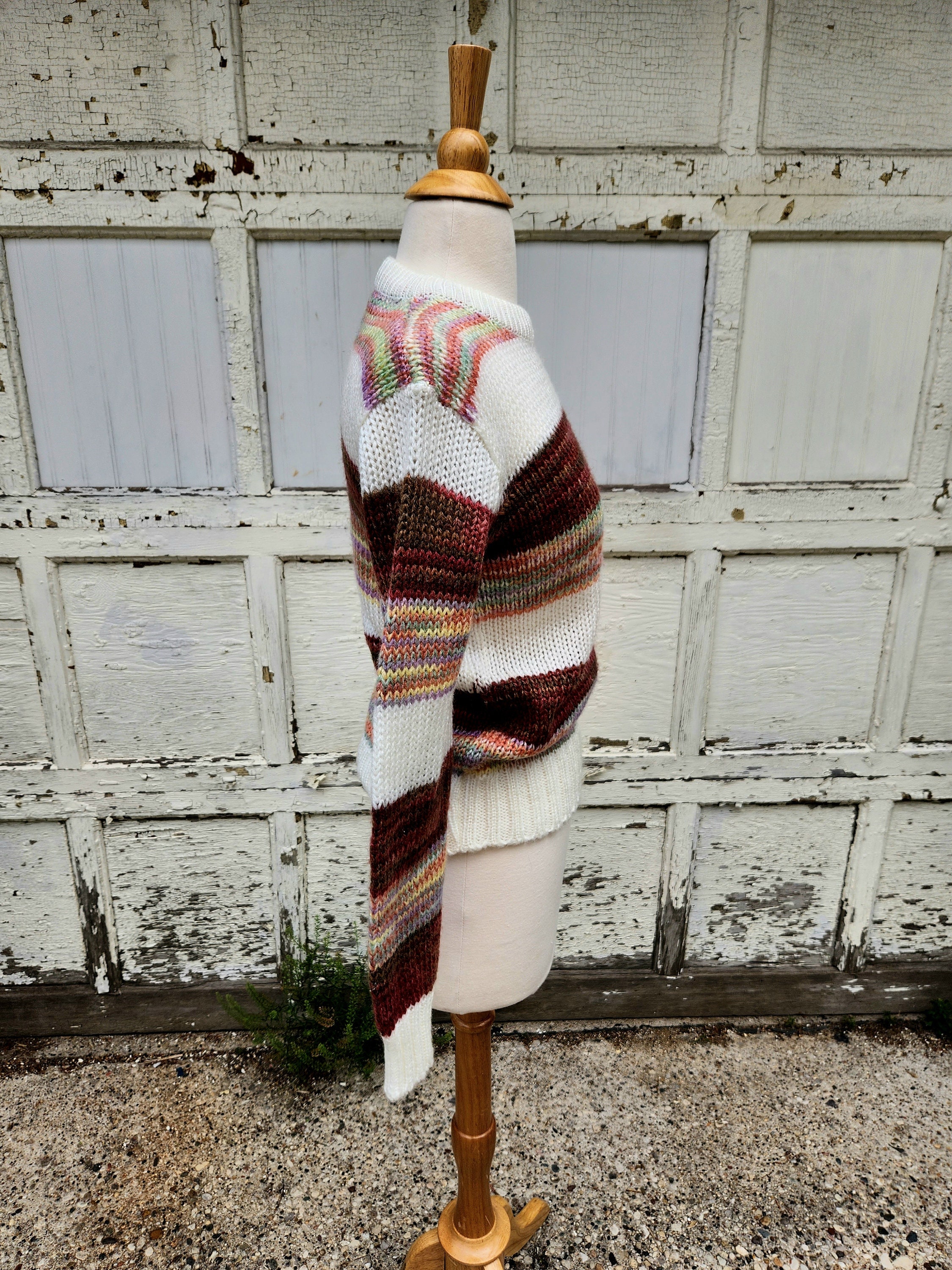 Vintage 1970's Variegated Striped Acrylic Sweater - White Maroon Pink ...