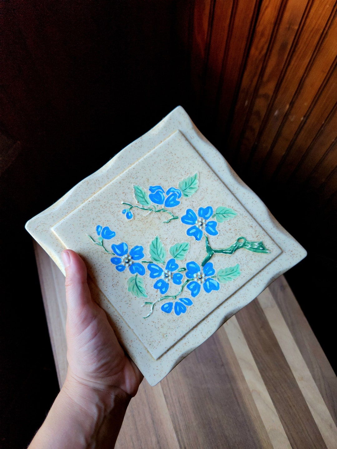 Vintage 1960's Blue Floral Hand Painted Ceramic Trivet or Wall Hanging ...