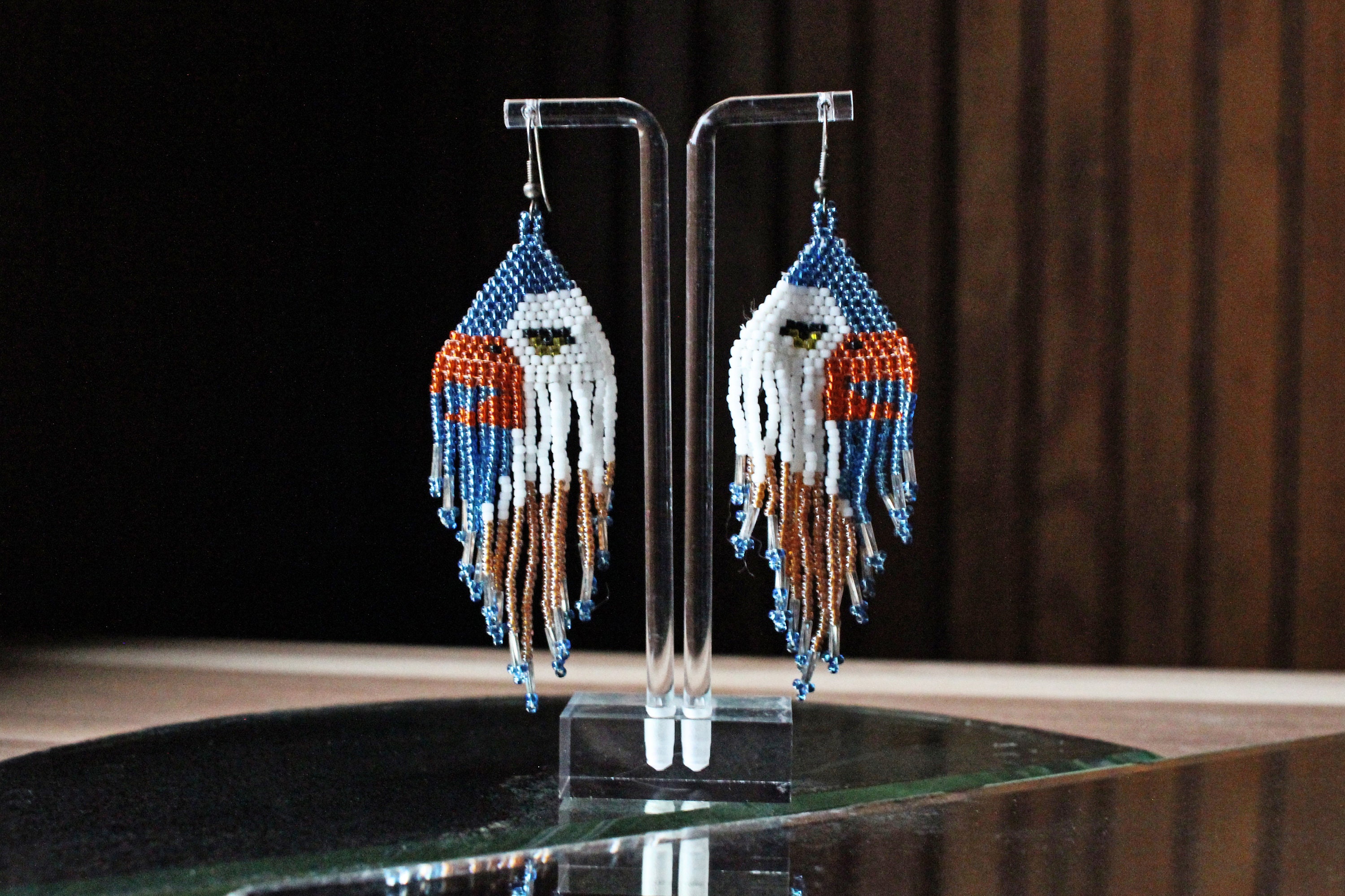 Vintage Handmade BALD EAGLE Seed Bead Fringe Dangle Earrings - Blue ...