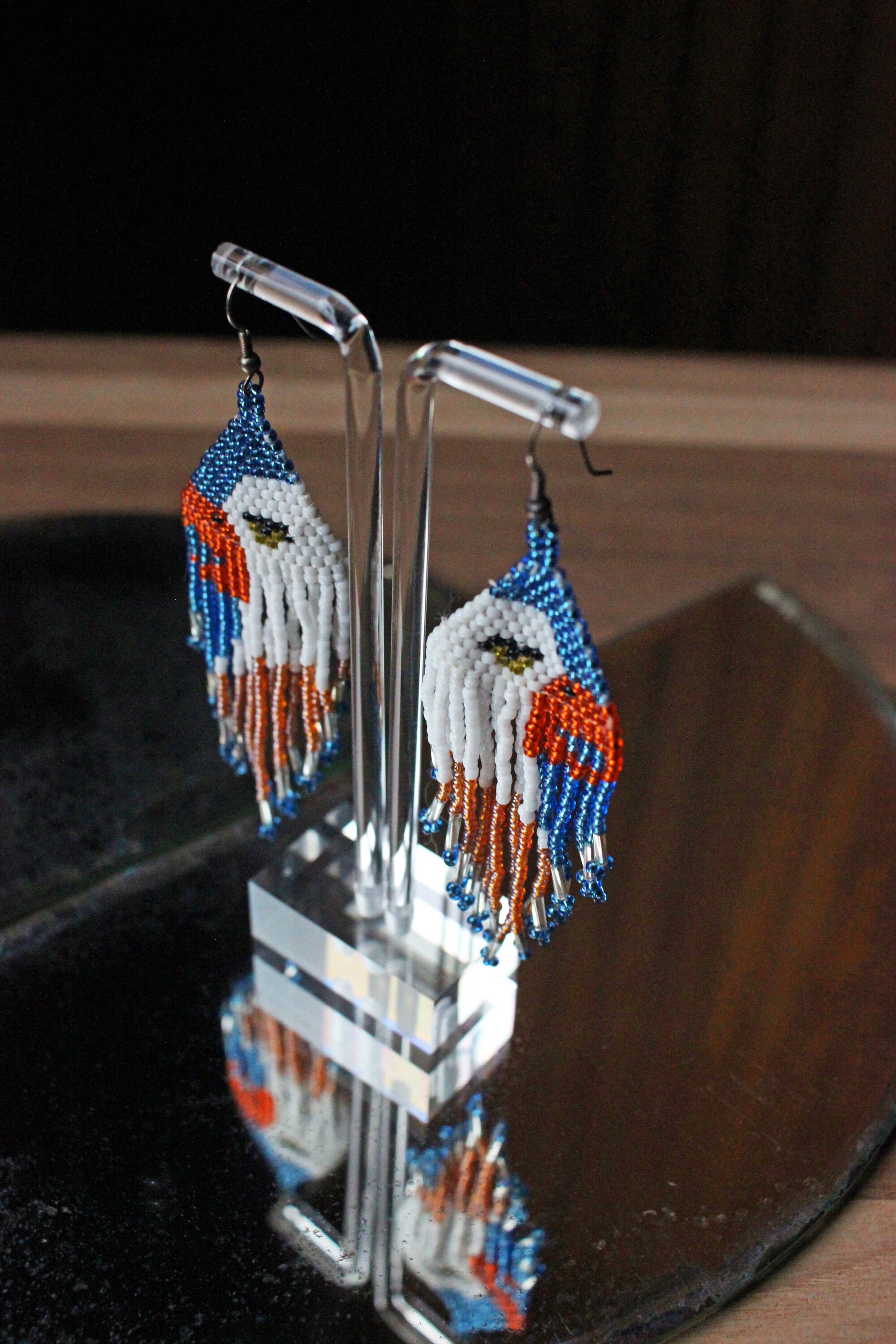 Vintage Handmade BALD EAGLE Seed Bead Fringe Dangle Earrings - Blue ...
