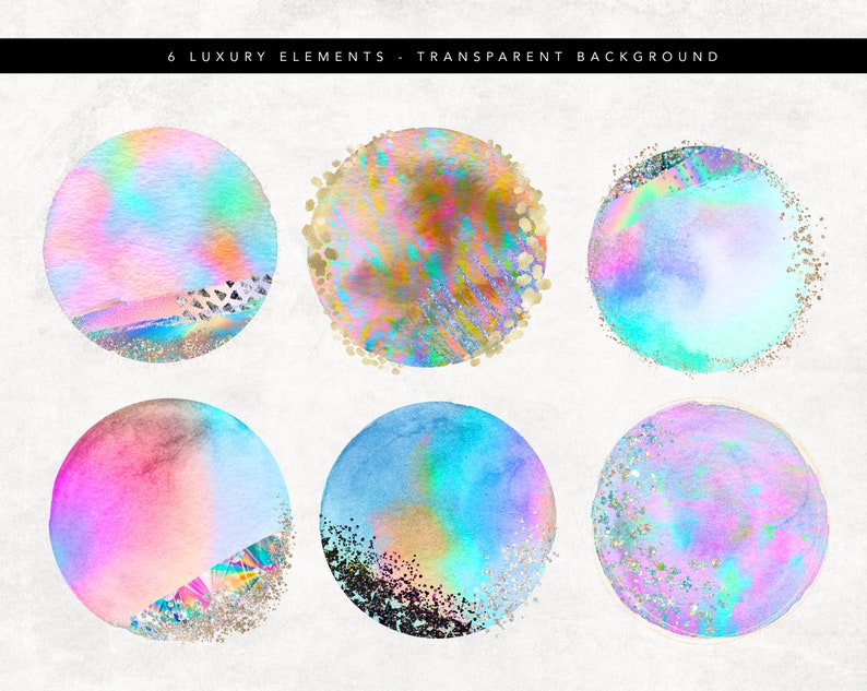Iridescent Watercolor Circles Clipart: Glitter Holographic PNG (digital ...