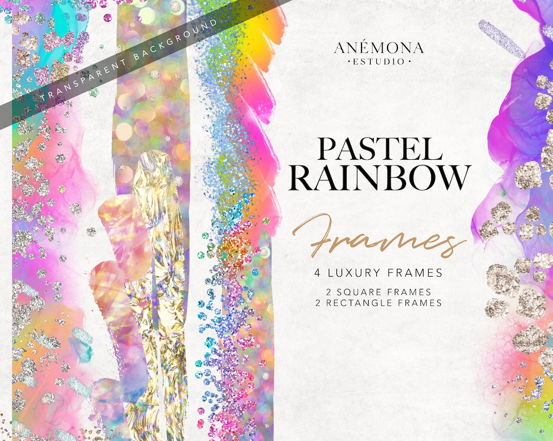 Pastel Rainbow Frame Clipart - Digital Modern Frame, Glitter Border ...