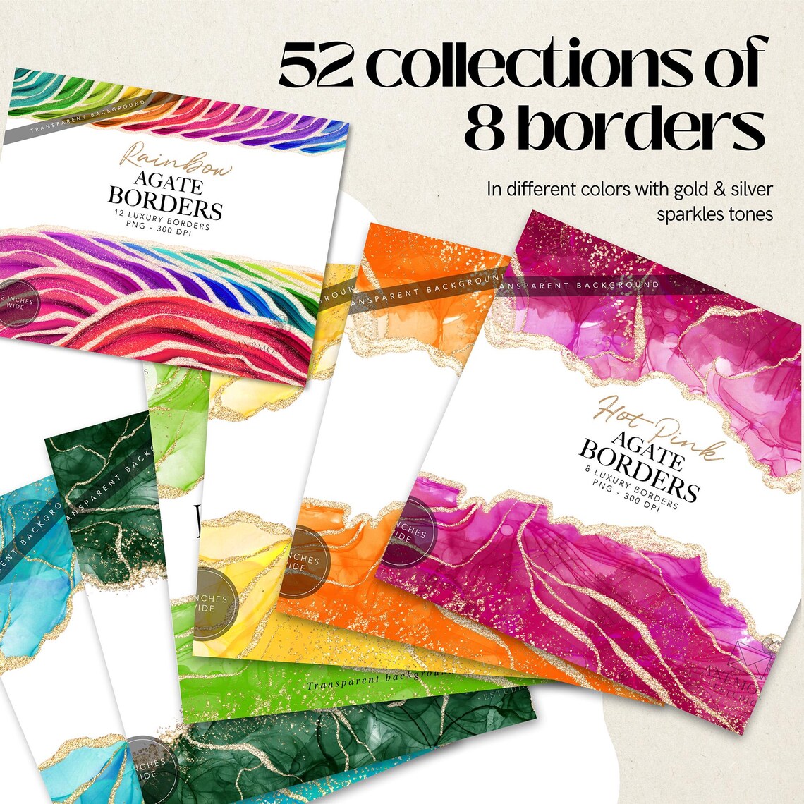Watercolor Agate Borders Clipart Bundle: PNG Geode Graphics (digital ...