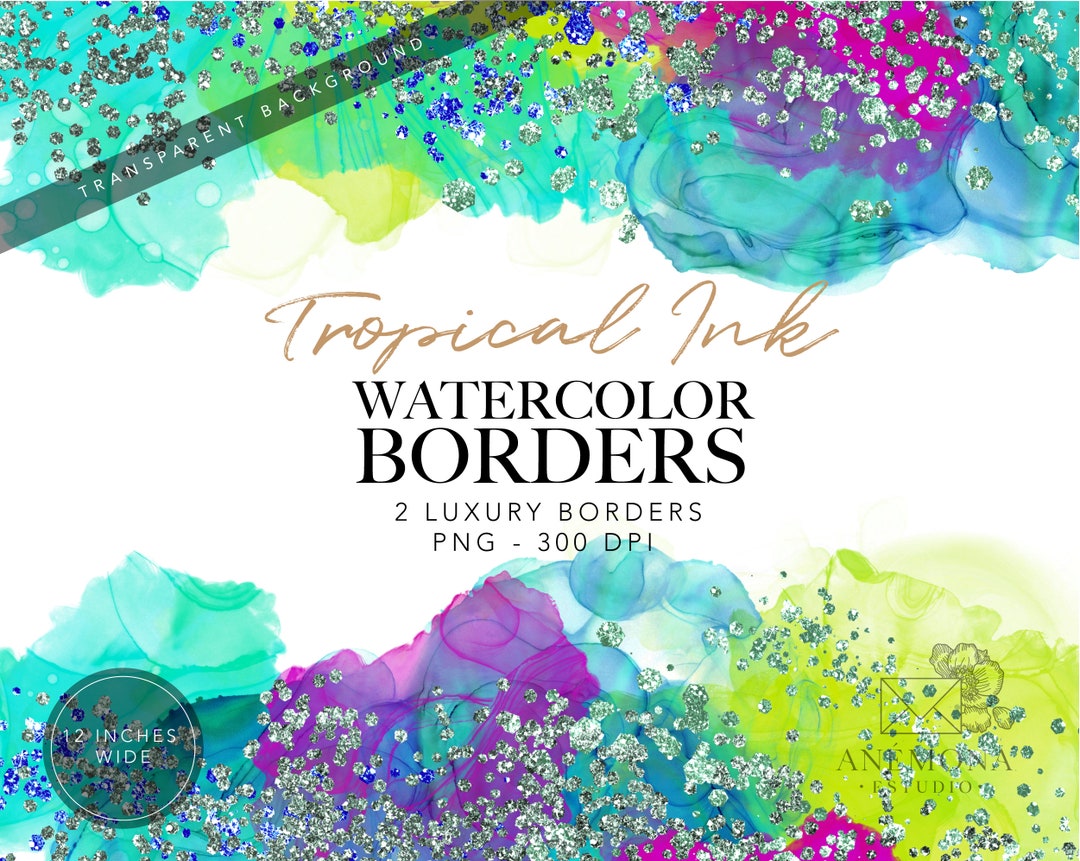Aqua Watercolor Border Clipart - Glitter Border - Holographic Digital ...