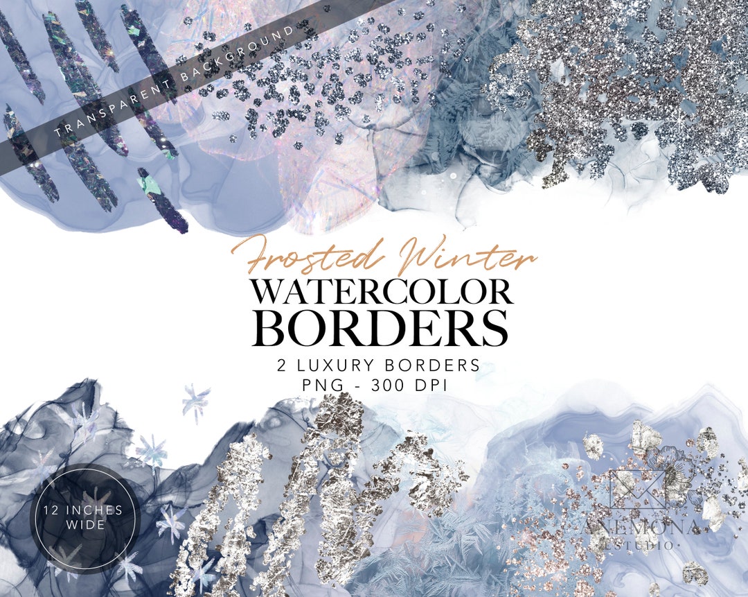 Frosted Winter Watercolor Border Clipart - Glitter Border - Dusty Blue ...