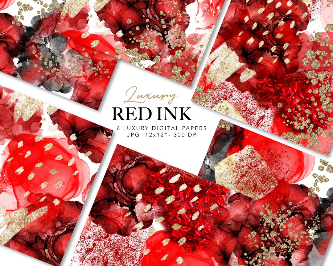 Red Digital Paper - Glitter Abstract Paper - Red and Gold Alcohol Ink ...