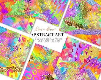 Rainbow Digital Paper Glitter Abstract Paper 80's | Etsy