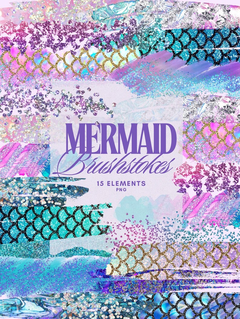 Mermaid Glitter Brush Stroke Clipart: Metallic Foil Art (PNG Digital ...