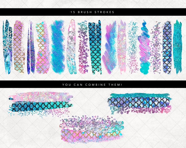 Mermaid Glitter Brush Stroke Clipart: Metallic Foil Art (PNG Digital ...