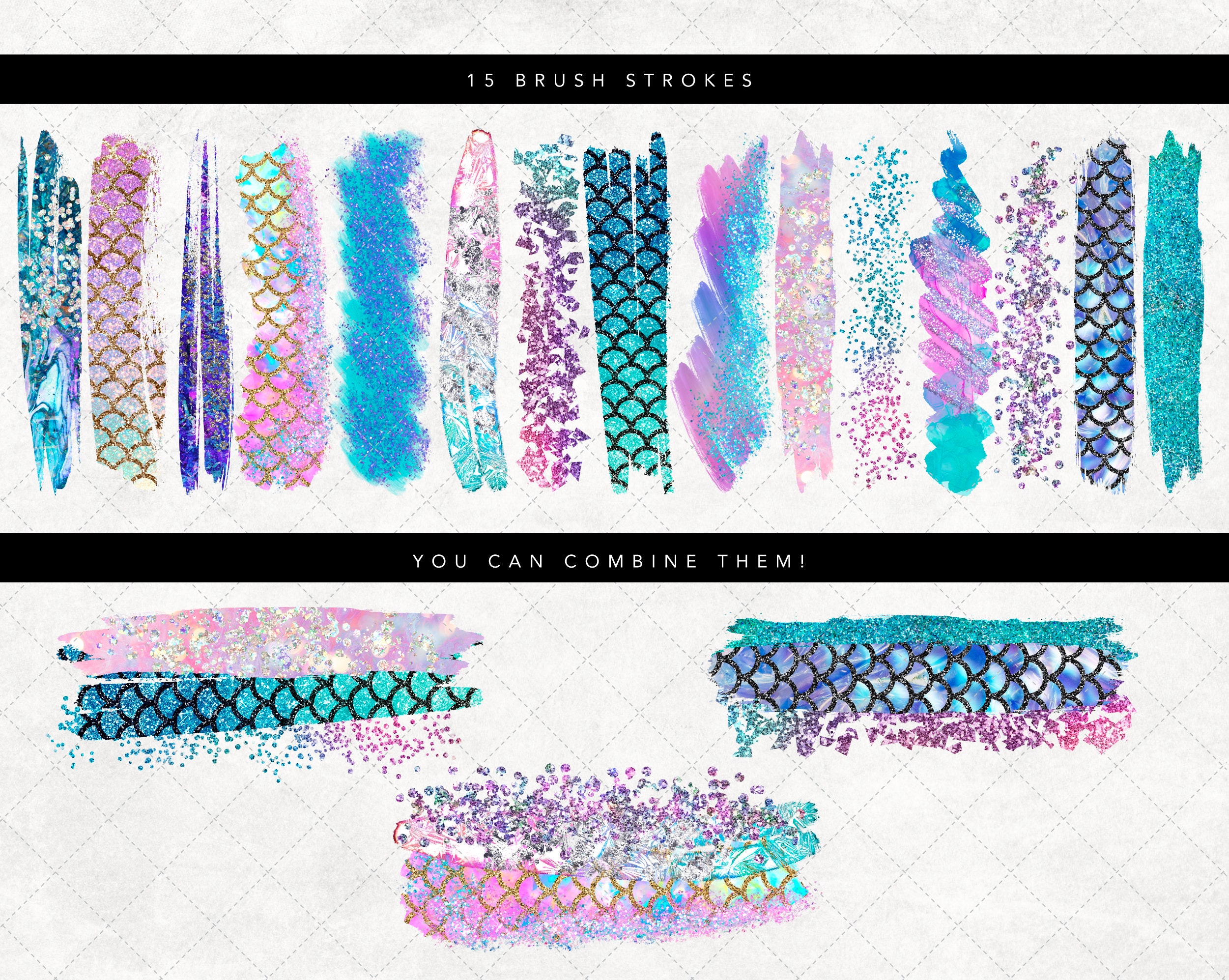 Mermaid Glitter Brush Stroke Clipart: Metallic Foil Art (PNG Digital ...