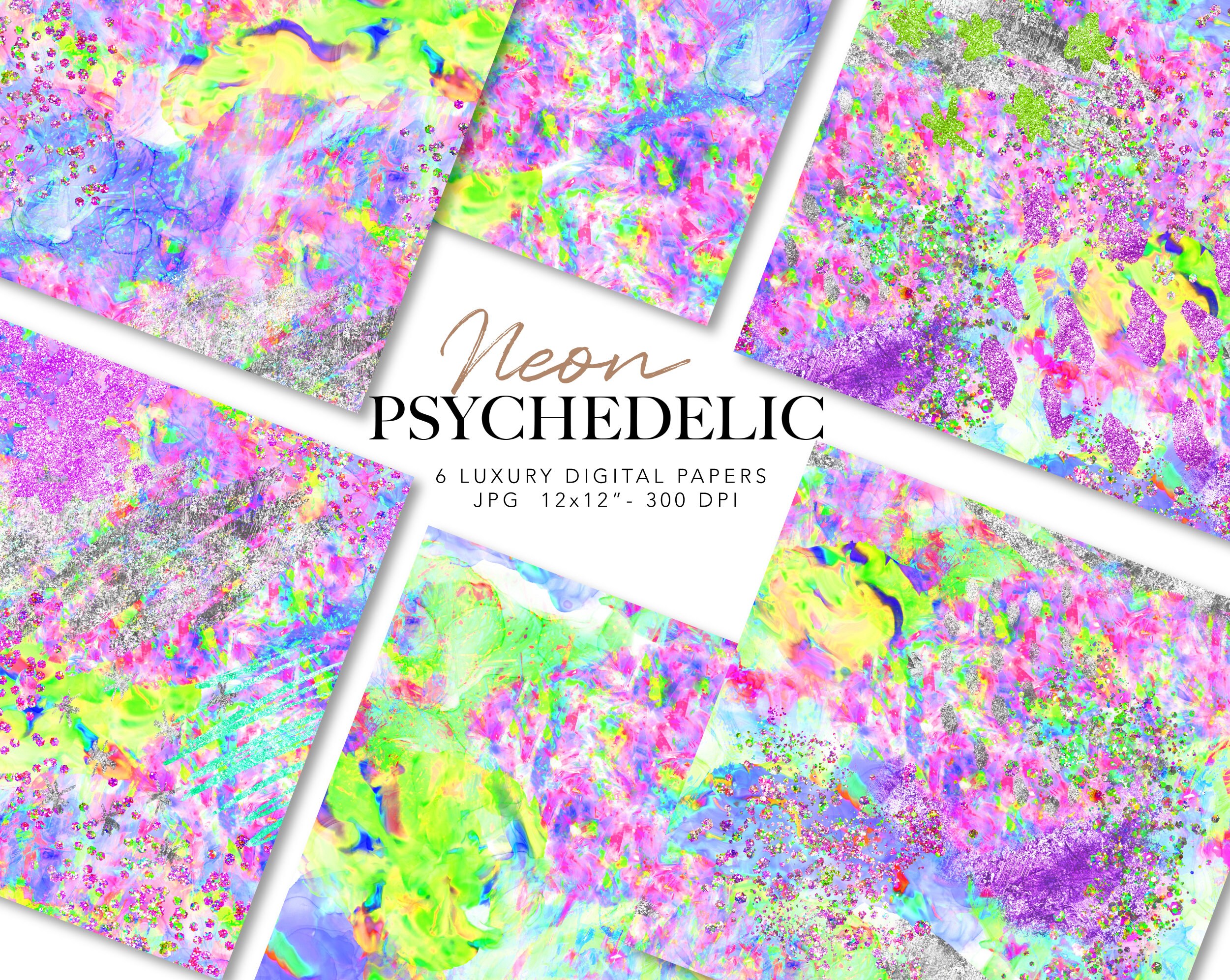 Psychedelic Digital Paper Glitter Abstract Paper Neon - Etsy