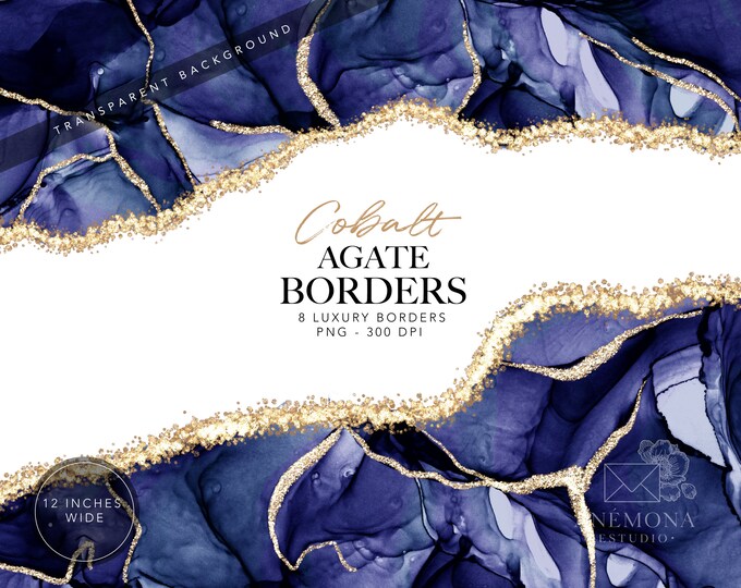 Blue Agate Borders Clipart: Gold Glitter, Indigo Watercolor (digital ...