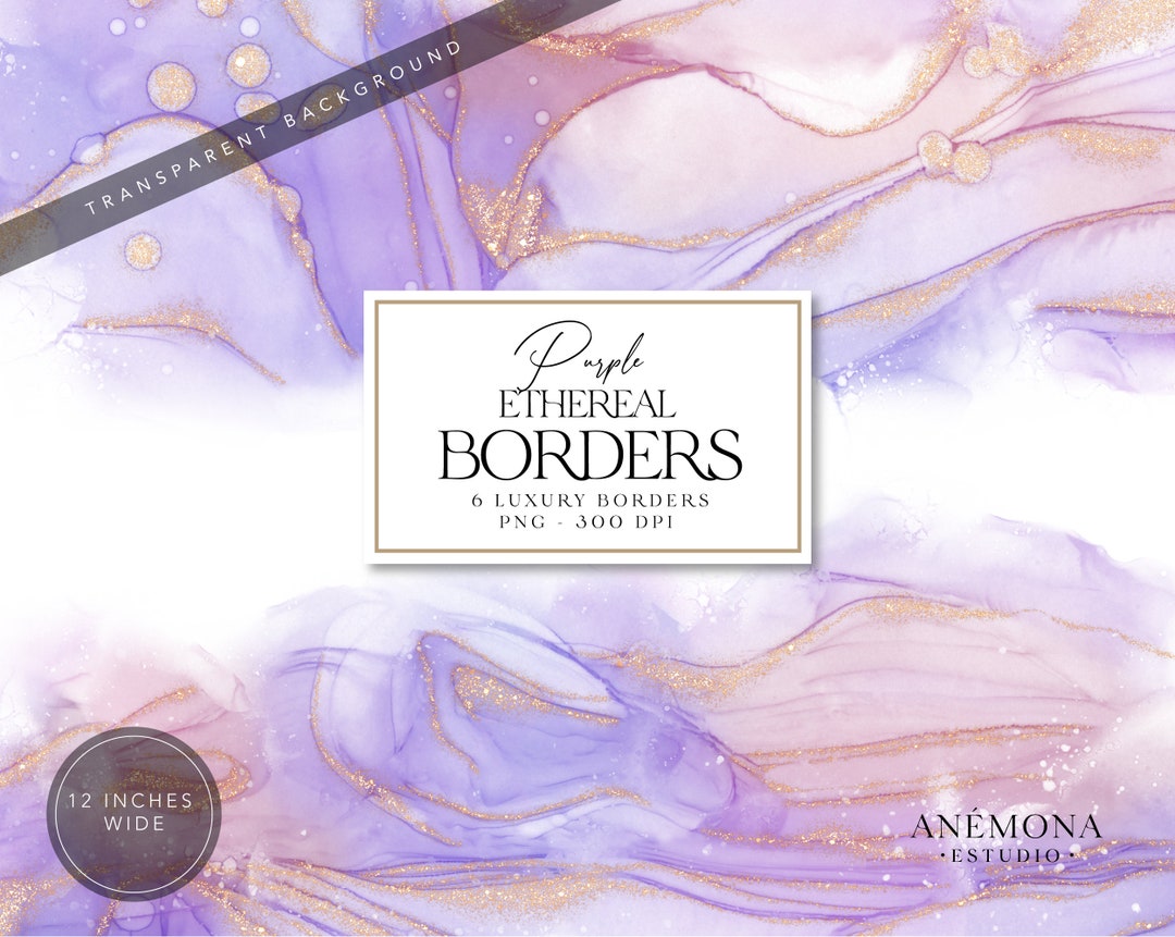 Purple Alcohol Ink Border Clipart: Gold Watercolor Overlays (digital ...