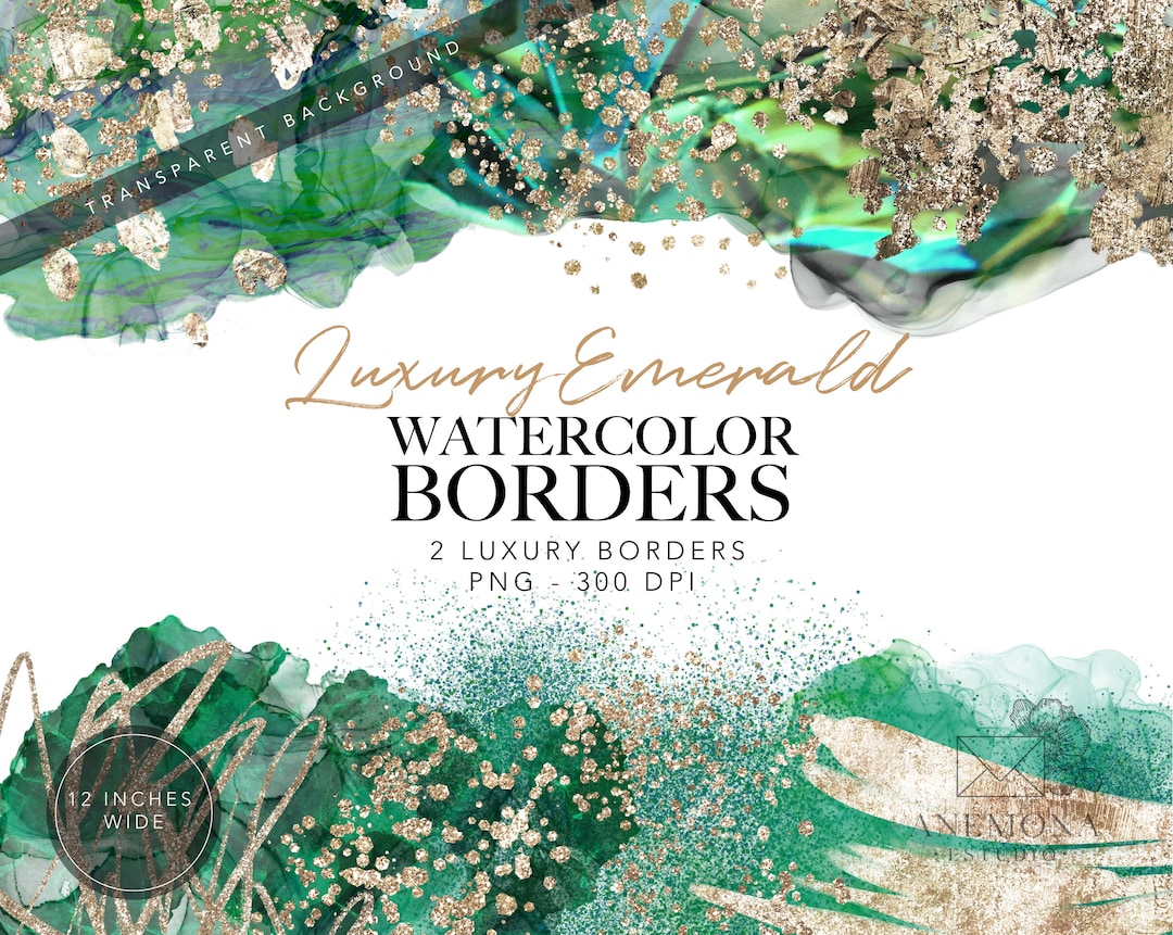 Emerald Watercolor Border Clipart - Glitter Border - Green and Gold ...
