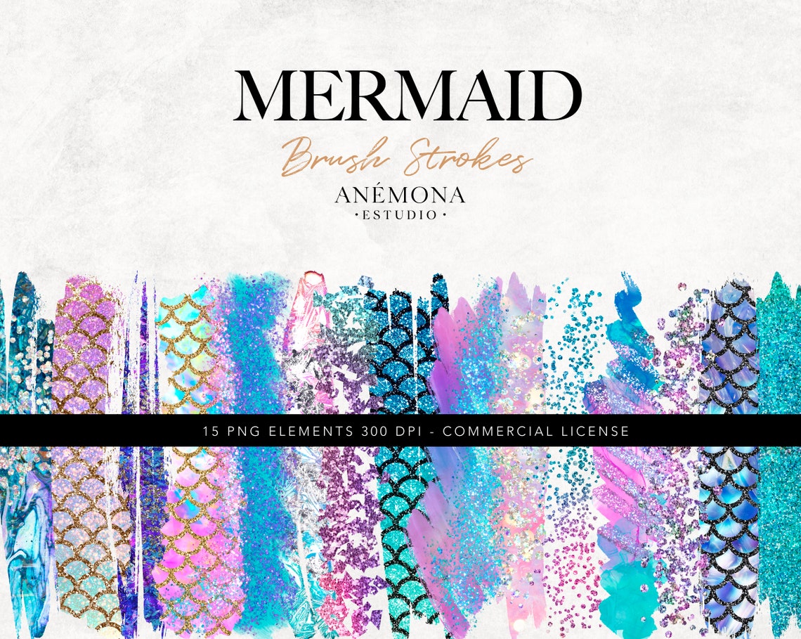Mermaid Glitter Brush Stroke Clipart: Metallic Foil Art (PNG Digital ...