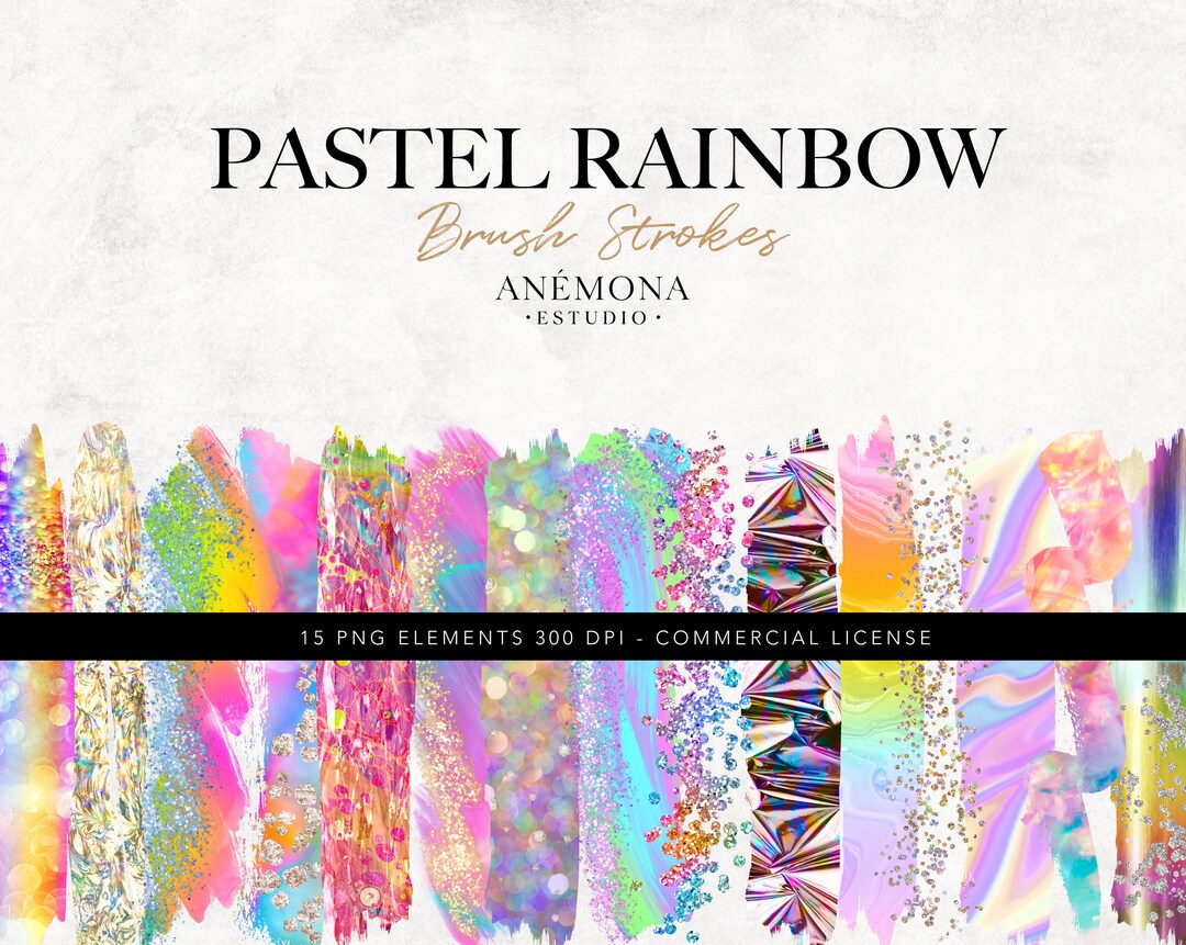 Pastel Rainbow Brush Stroke Clipart: Metallic Foil Glitter (digital ...