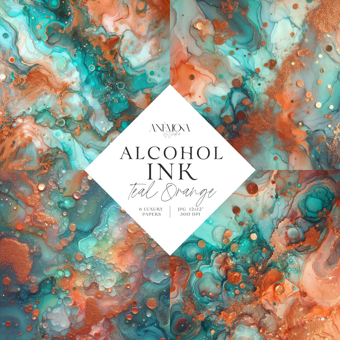 Turquoise Orange Alcohol Ink Pattern, Liquid Paint Textures, Elegant ...