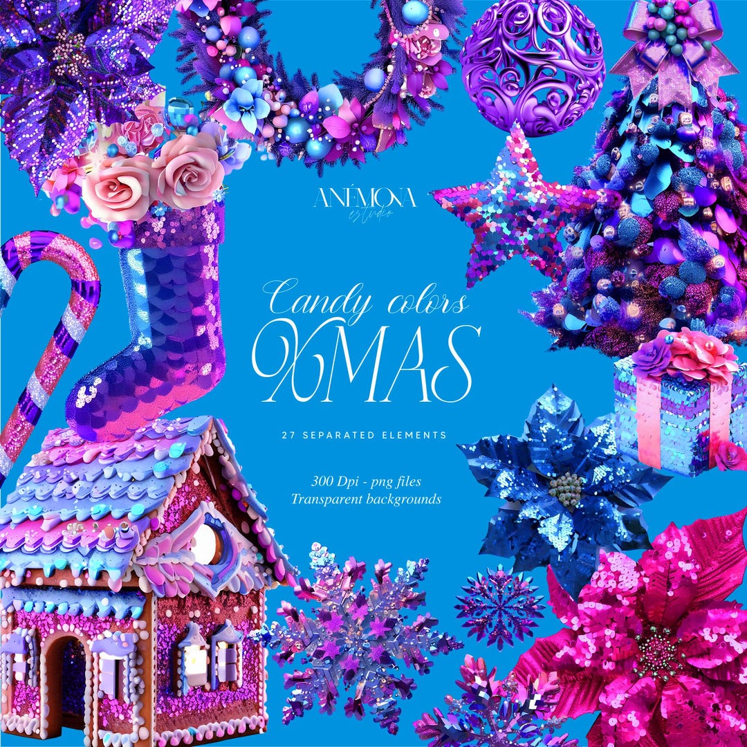 3D Christmas Clipart: Pink, Purple, Blue Holiday PNG (digital Download ...