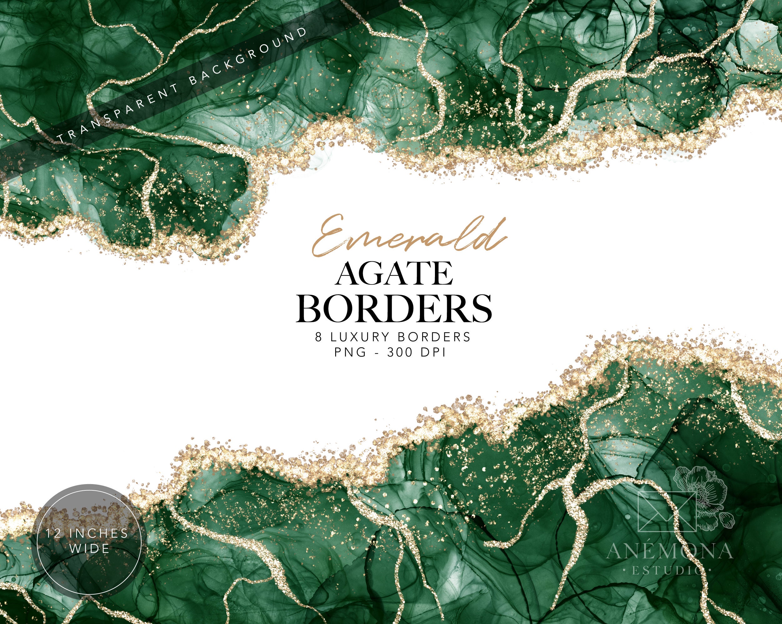 Emerald Agate Borders Clipart: Gold Glitter Watercolor Geode (digital ...