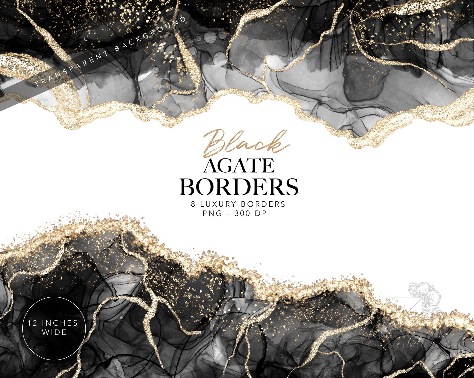 Black Agate Borders Clipart Watercolor Geode Clipart Gold | Etsy