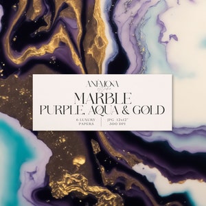 Purple and Gold Marble Digital Paper, Luxury Purpla and Aqua Marble ...