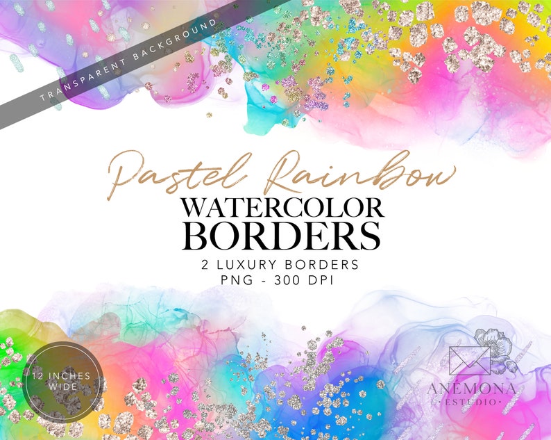 Pastel Rainbow Watercolor Border Clipart Glitter Border - Etsy