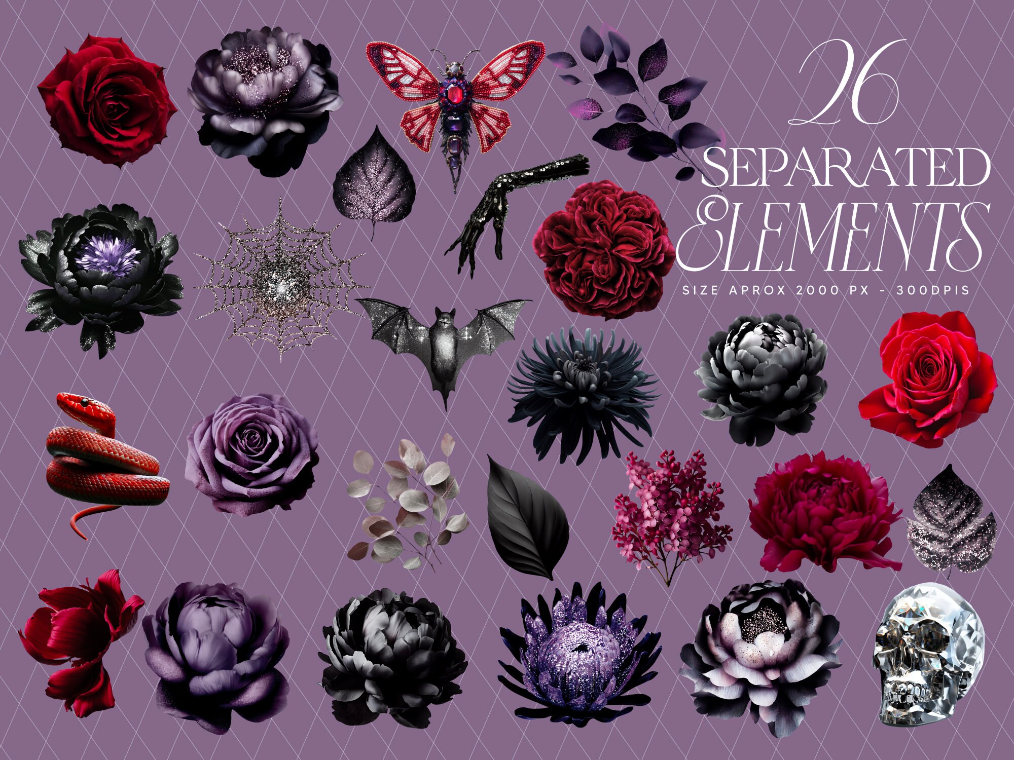Halloween Gothic Floral Clipart: Dark Moody Flowers, Disco Skull,snake ...