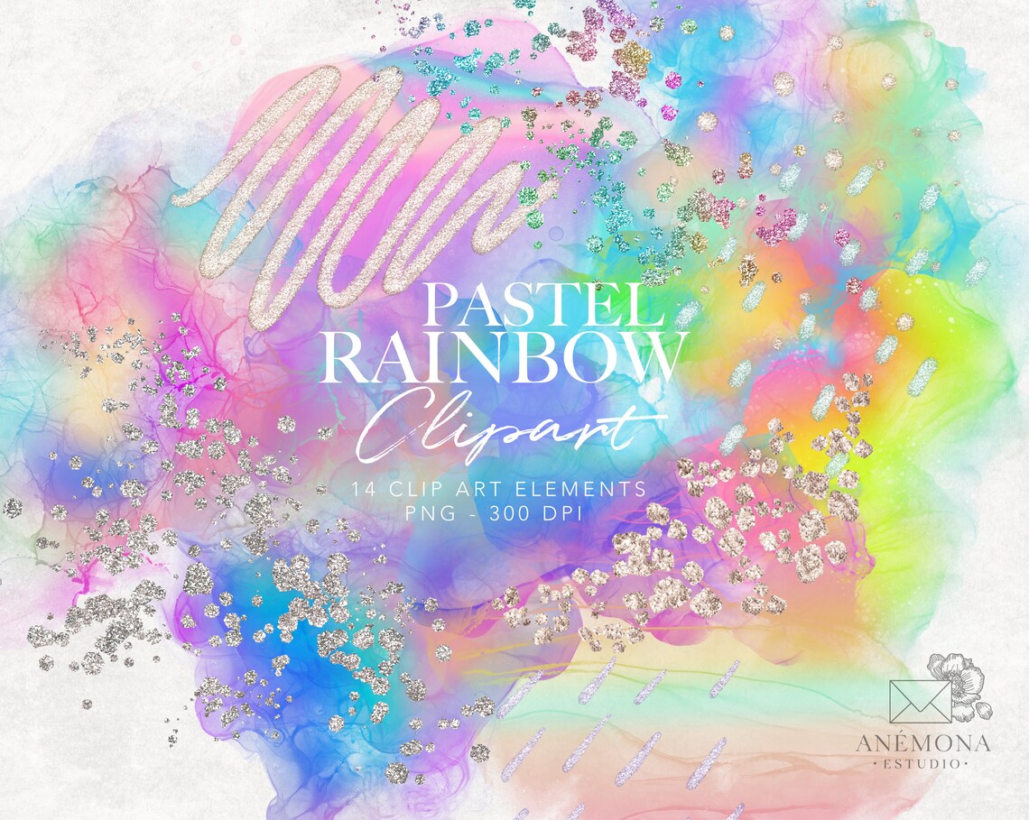 Pastel Rainbow Watercolor Clipart: Glitter & Foil Splash (PNG Instant ...