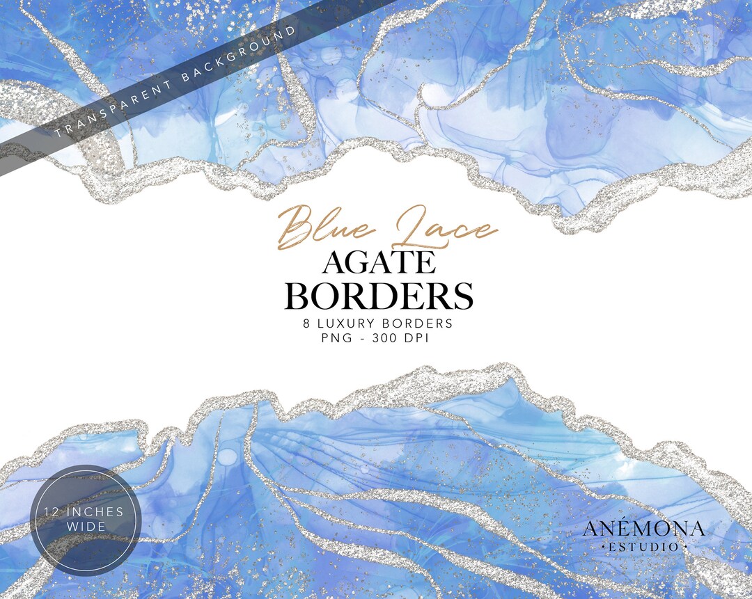 Blue Agate Borders Clipart, Blue Lace Watercolor Geode Clipart - Silver ...