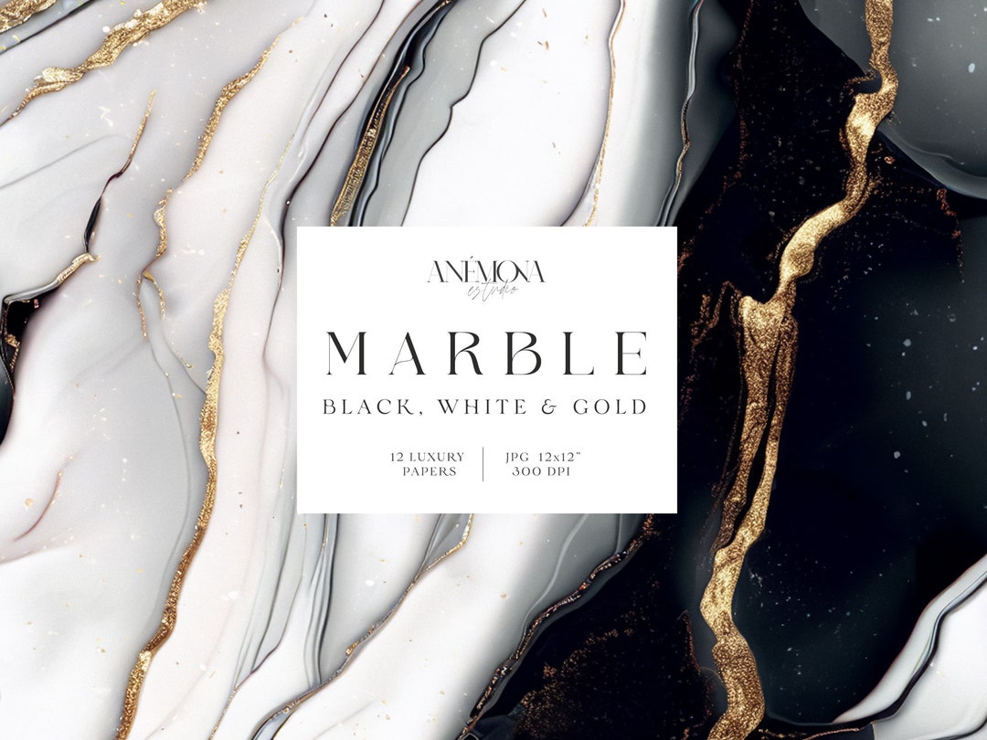 Black and White Marble Digital Paper: Gold Vein Textures (digital ...