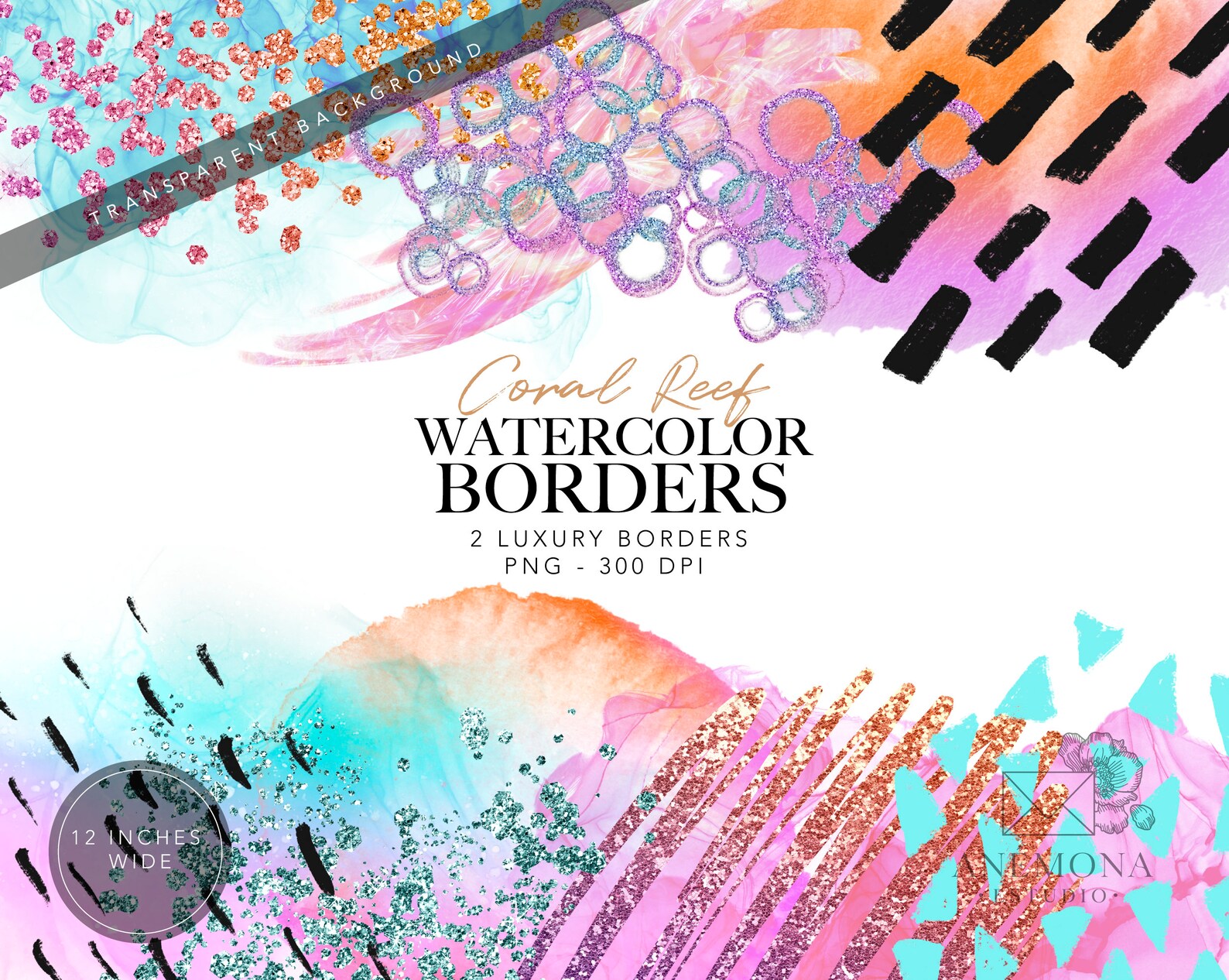 Coral and Pink Watercolor Border Clipart Glitter Border | Etsy