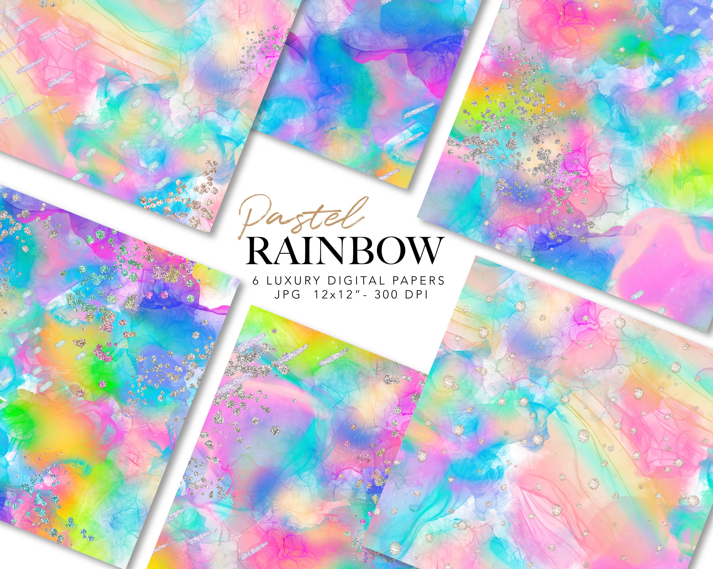 Pastel Rainbow Digital Paper: Glitter Alcohol Ink Seamless Pattern ...