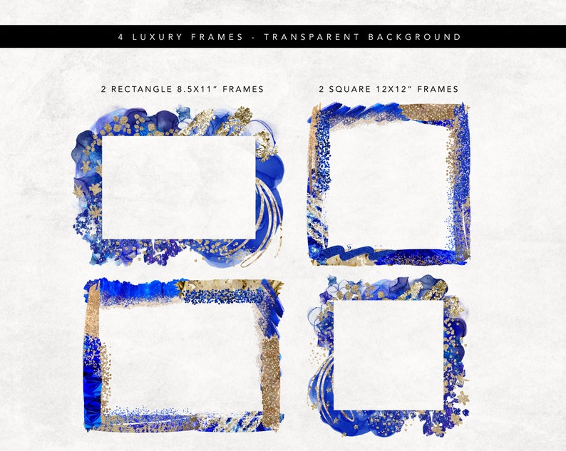 Blue and Gold Frame Clipart Digital Modern Frame Glitter - Etsy