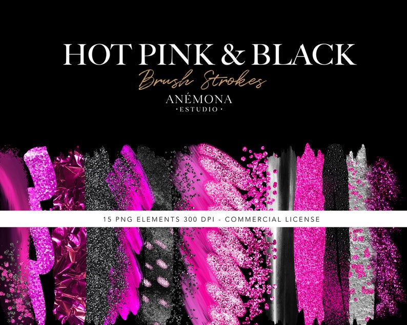 Hot Pink and Black Brush Strokes Clipart Brushstrokes | Etsy