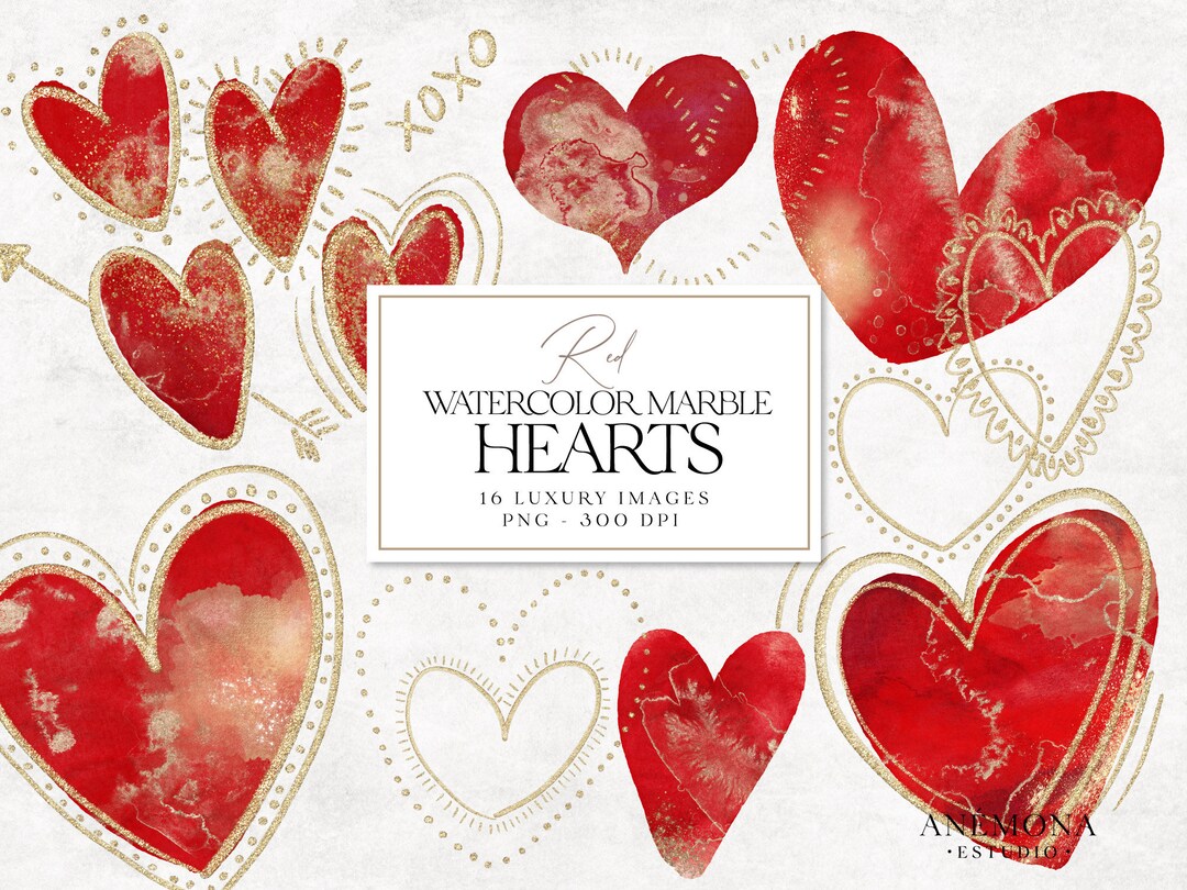 Red Watercolor Hearts, Valentines Day, Gold Glitter Hearts Frames Cip ...