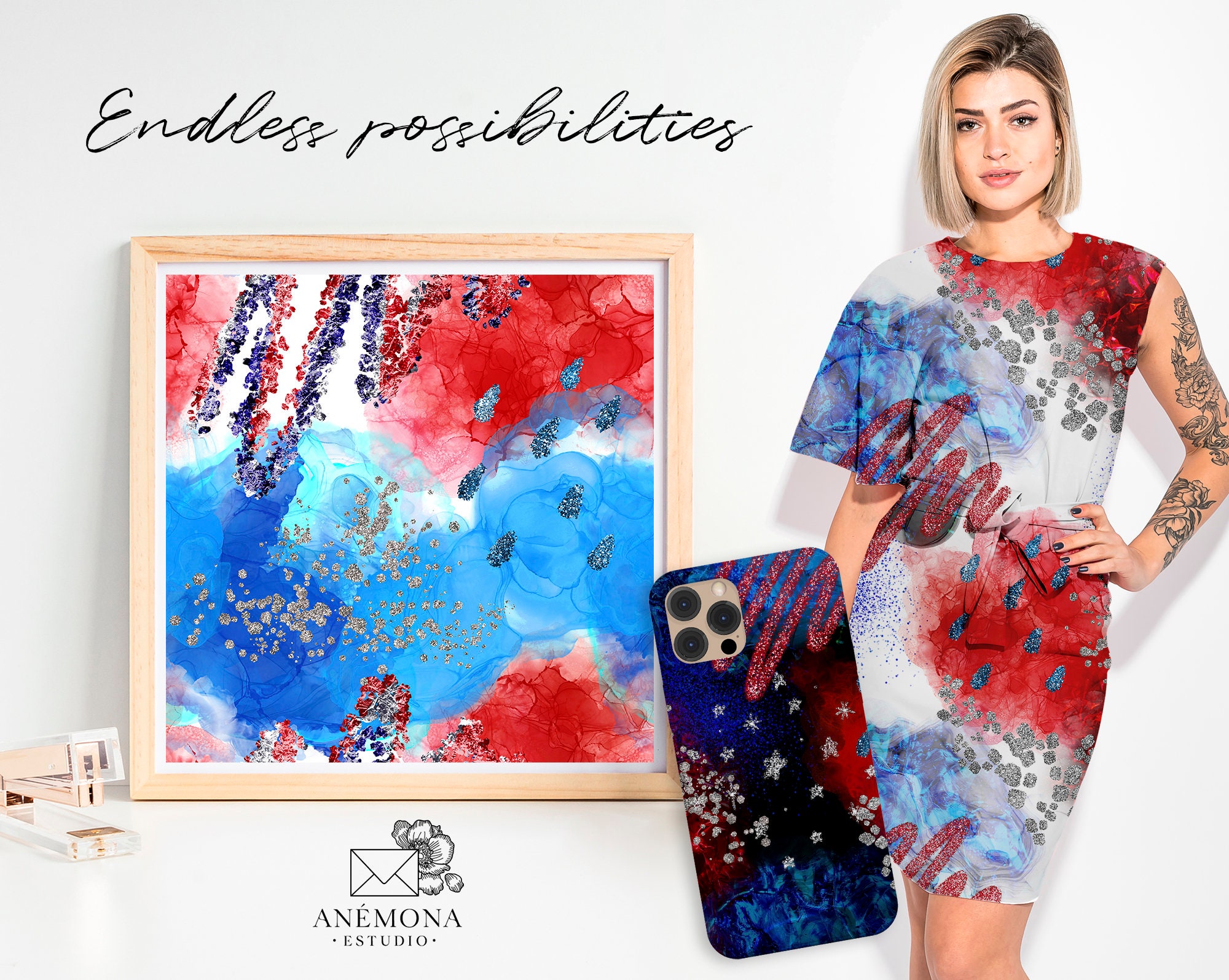 Red and Blue Digital Paper Glitter Abstract Paper America - Etsy