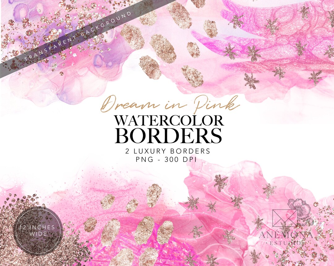 Pink Watercolor Border Clipart - Glitter Border - Pink and Gold Alcohol ...