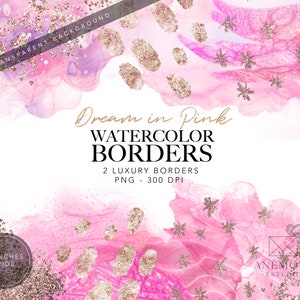 Pink Watercolor Border Clipart - Glitter Border - Pink and Gold Alcohol ...