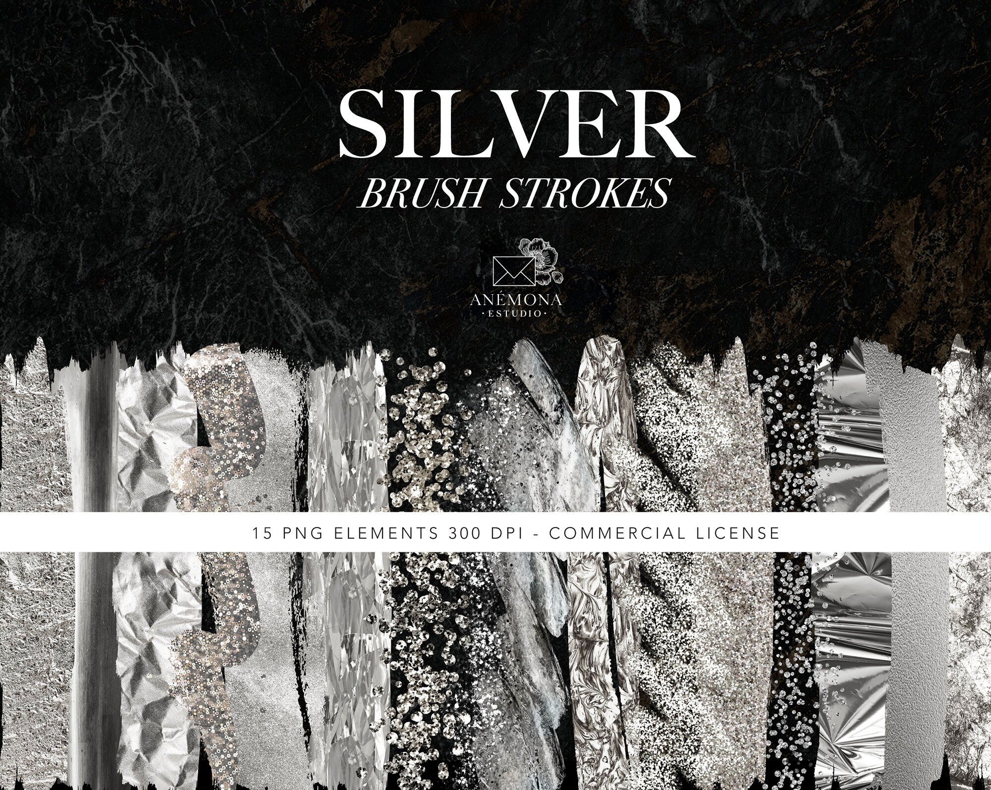 Silver Brush Strokes Clipart: Metallic Foil, Glitter (PNG Digital ...