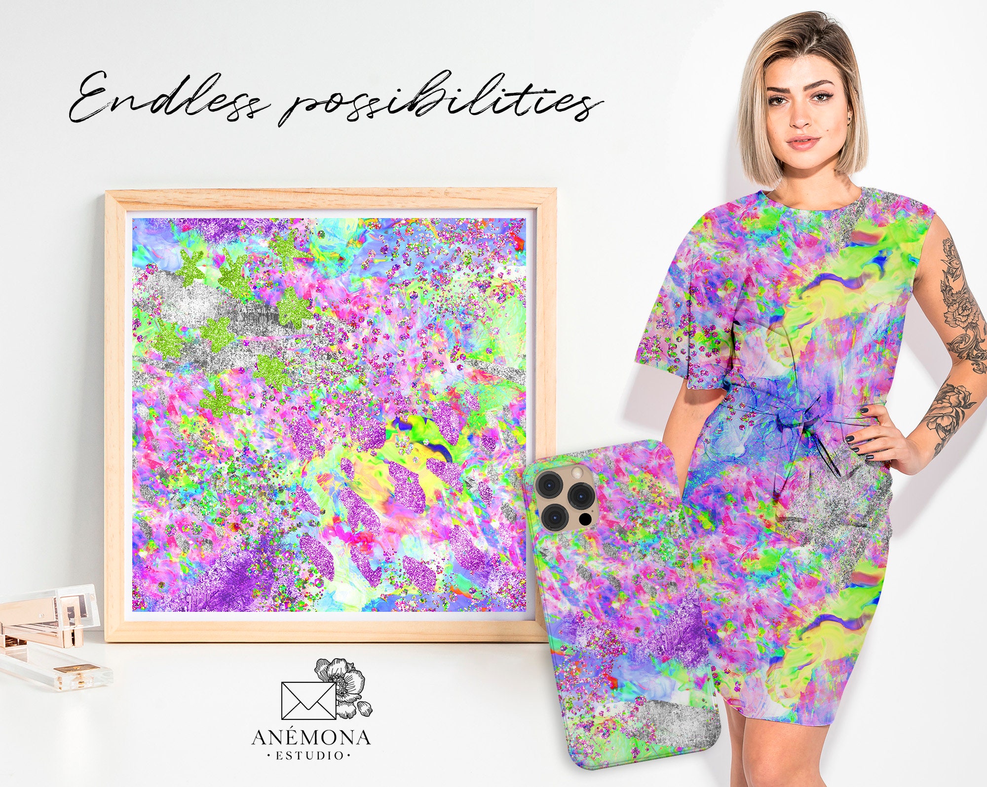 Psychedelic Digital Paper Glitter Abstract Paper Neon - Etsy