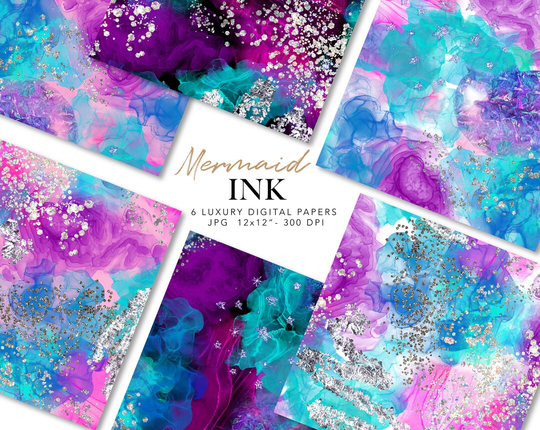 Mermaid Digital Paper - Glitter Abstract Paper - Purple Alcohol Ink ...